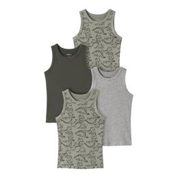 Unterhemd name it "NKMTANK f&uuml;r Jungen mit Streifen im 4er-Pack", Jungen, Gr. 104, 4 Stk., N-Gr, grau (seagrass aop:dino, beetle, grau melange), Jersey, Obermaterial: 95% Baumwolle, 5% Elasthan, bedruckt, meliert, Rundhals, Unterhemden Unterhemd, gestreift, casual, regular fit, Baumwollmischung, Rundhals