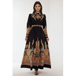 Bedrucktes Maxikleid mit langen &Auml;rmeln und G&uuml;rtel