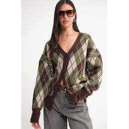 Oversize Argyle V-Ausschnitt Knopf-Cardigan