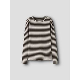 Langarmshirt NAME IT "NKFSURAJA XSL LS TOP NOOS", M&auml;dchen, Gr. 116, schwarz-wei&szlig; (schwarz coffee stripes:with peyote), Jersey, Obermaterial: 95% Baumwolle, 5% Elasthan, gestreift, slim fit h&uuml;ftbedeckend, Rundhals, abgesteppte Kante, Shirts Langarmshirt, toller Ringel-Look in gerippter Qualit&auml;t