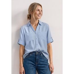 Hemdbluse Street One, Damen, Gr. 34, blau (cashmere blau), Stoff, 85% Viskose, 15% Nylon, unifarben, normal normal, V-Ausschnitt, Umschlagbund, Blusen Hemdbluse, mit Turn-Up Funktion