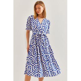 Geometrisches Muster V-Ausschnitt Midikleid mit G&uuml;rtel