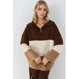 Farbenblockierter &Uuml;bergr&ouml;&szlig;en-Strickpullover mit Rei&szlig;verschlusskragen