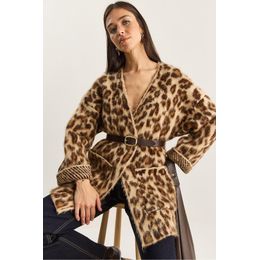 Oversized Langer Cardigan mit Leopardenmuster und Taschen