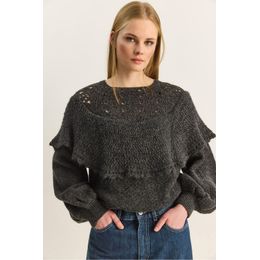 Rippstrick Bootsausschnitt Dickes Sweatshirt mit Volants Detail