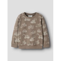 Sweatshirt name it "NMMVARON f&uuml;r Jungen mit Alloverprint und Rippb&uuml;ndchen", Jungen, Gr. 104, fossil, Sweatware, Obermaterial: 100% Baumwolle, bedruckt, normal normal, Rundhals, Rippb&uuml;ndchen, Sweatshirts Sweatshirt, bedruckt, casual, regular fit, Baumwolle, Rundhals