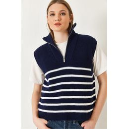 Gestreifter Strickpullover mit Rei&szlig;verschluss-Kragen
