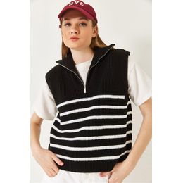 Gestreifter Strickpullover-Weste mit Rei&szlig;verschlusskragen