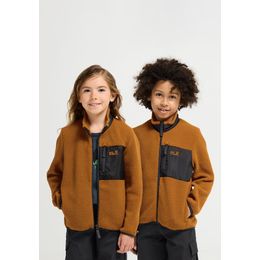 Fleecejacke Jack Wolfskin "LITE CURL FZ K", Jungen, Gr. 116, autumn leave, Fleece, Pl&uuml;sch, Obermaterial: 100% Polyester. Futter: 100% Polyester, unifarben mit Farbeins&auml;tzen, Basic normal, Rundhals, elastischer Bund, Jacken Fleecejacke, atmungsaktiv, &Uuml;bergangsjacke, aufgesetzte Brusttasche mit Zipper