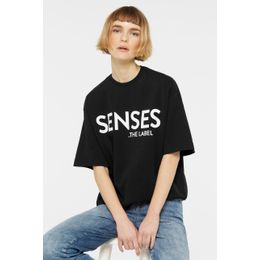 Rundhalsshirt SENSES.THE LABEL, Damen, Gr. L, schwarz, Single Jersey, Material: 100% Baumwolle, bedruckt, oversize normal, Rundhals, eingesetzt gerader Abschluss, Shirts Rundhalsshirt, aus Baumwolle