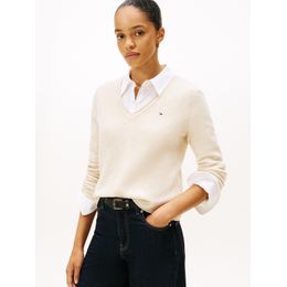 Strickpullover Tommy Hilfiger "SOFT WOOL V-NK SWEATER", Damen, Gr. XXL (44), beige (heather oatmilk), Strick, Obermaterial: 100% Wolle, unifarben, normal, V-Ausschnitt, B&uuml;ndchen, Pullover Strickpullover, aus reiner Wolle