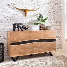 FineBuy Massivholz Sideboard 150cm Akazie Natur Kommode mit 3 T&uuml;ren Baumkante Metall schwarz