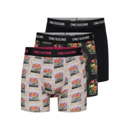 Only & Sons Trunk ONLY & SONS "ONSFITZ AOP WB BOLD BOXER 3PACK NOOS", Herren, Gr. L, 3 Stk., bunt (schwarz detail:cocktail), Jersey, Obermaterial: 95% Baumwolle, 5% Elasthan, bedruckt, unifarben, normal, Unterhosen, Baumwollmischung, eng anliegend