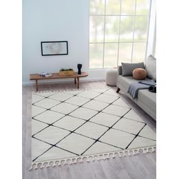 Hochflor-Teppich "Moroccan Square", schwarz-wei&szlig; (wei&szlig;, schwarz), B:100cm H:24mm L:200cm, Polyester, Polypropylen (PP), MyFlair M&Ouml;BEL & ACCESSOIRES, Teppiche, modern, marokkanisches Design, Rauten Muster, weich durch Hochflor