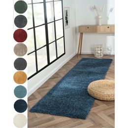 Hochflor-L&auml;ufer "My Shaggy", blau (dunkelblau), B:80cm H:37mm L:300cm, Polypropylen (PP), MyFlair M&Ouml;BEL & ACCESSOIRES, Teppiche, Shaggy, Uni Farben, leicht gl&auml;nzend, Microfaser, extra flauschig