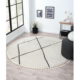 Hochflor-Teppich "Moroccan Signature", schwarz-wei&szlig; (wei&szlig;, schwarz), B:190cm H:24mm L:190cm &Oslash;:190cm, Polyester, Polypropylen (PP), MyFlair M&Ouml;BEL & ACCESSOIRES, Teppiche, Fransenteppich, modern, marokkanisches Design, Rauten Muster, weich, mit Fransen