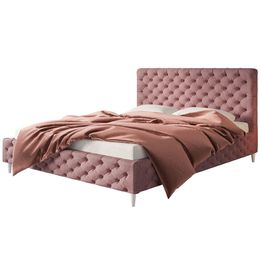 POLSTERBETT LUX Miami mit Kopfteil, 180 x 200 cm, Doppelbett mit Lattenrost aus Holz, Velourstoff Rosa, F&uuml;&szlig;e in Farbe: Wei&szlig;