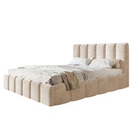 BETT 140x200 - Polsterbett mit Bettkasten und Holzrahmen - Modern Betten - Amor-Samtstoff - Kollektion Lucy - Beige