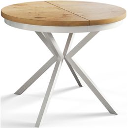 RUNDER Esszimmertisch BERGO, ausziehbarer Tisch Durchmesser: 100 cm/180 cm, Wohnzimmertisch Farbe: Hellbraun, mit Metallbeinen in Farbe Wei&szlig;