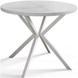 RUNDER Esszimmertisch LOFT LITEN, ausziehbarer Tisch Durchmesser: 100 cm/180 cm, Wohnzimmertisch Farbe: Marmur, mit Metallbeinen in Farbe Wei&szlig;
