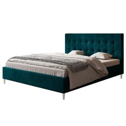 POLSTERBETT LUX Rio mit Kopfteil, 140 x 200 cm, Doppelbett mit Lattenrost aus Holz, Velourstoff Dunkelgr&uuml;n, F&uuml;&szlig;e in Farbe: Wei&szlig;
