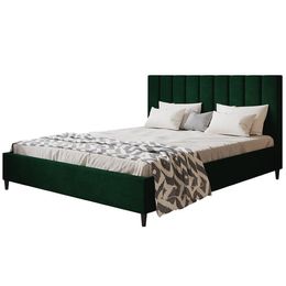 POLSTERBETT LUX Tokio mit Kopfteil, 140 x 200 cm, Doppelbett mit Lattenrost aus Holz, Velourstoff Dunkegr&uuml;n, F&uuml;&szlig;e in Farbe: Schwarz