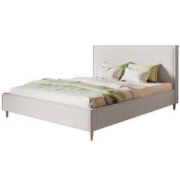 POLSTERBETT LUX RICO mit Kopfteil, 140 x 200 cm, Doppelbett mit Lattenrost aus Holz, Boucle-Stoff Wei&szlig;, F&uuml;&szlig;e in Farbe: Braun