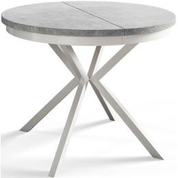 RUNDER Esszimmertisch BERGO, ausziehbarer Tisch Durchmesser: 90 cm/170 cm, Wohnzimmertisch Farbe: Hellgrau, mit Metallbeinen in Farbe Wei&szlig;