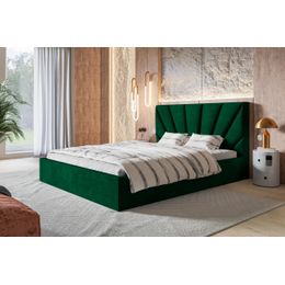 BETT 140x200 - Polsterbett mit Bettkasten und Holzrahmen - Modern Betten - Glatter Kronos-Stoff- Kollektion Denver, Gr&uuml;n
