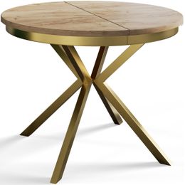 RUNDER Esszimmertisch BERGO, ausziehbarer Tisch Durchmesser: 90 cm/170 cm, Wohnzimmertisch Farbe: Braun, mit Metallbeinen in Farbe Gold