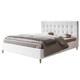 POLSTERBETT LUX Rio mit Kopfteil, 140 x 200 cm, Doppelbett mit Lattenrost aus Holz, Kunstleder Wei&szlig;, F&uuml;&szlig;e in Farbe: Braun