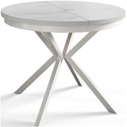 RUNDER Esszimmertisch BERGO, ausziehbarer Tisch Durchmesser: 90 cm/170 cm, Wohnzimmertisch Farbe: Marmur, mit Metallbeinen in Farbe Wei&szlig;