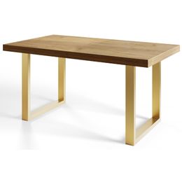 INDUSTRIELLER Esszimmertisch LOFT-U, Gr&ouml;&szlig;e: 200X100X77 cm, Wohnzimmertisch Farbe: CRAFT, mit Metallbeinen in Farbe Gold