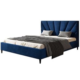POLSTERBETT LUX Denver mit Kopfteil, 160 x 200 cm, Doppelbett mit Lattenrost aus Holz, Velourstoff Blau, F&uuml;&szlig;e in Farbe: Schwarz