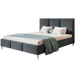 POLSTERBETT LUX Siena mit Kopfteil, 140 x 200 cm, Doppelbett mit Lattenrost aus Holz, Velourstoff Dunkelgrau, F&uuml;&szlig;e in Farbe: Braun
