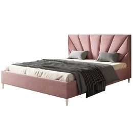 POLSTERBETT LUX Denver mit Kopfteil, 140 x 200 cm, Doppelbett mit Lattenrost aus Holz, Velourstoff Rosa, F&uuml;&szlig;e in Farbe: Wei&szlig;