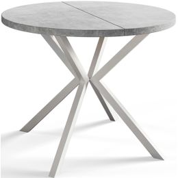 RUNDER Esszimmertisch LOFT LITEN, ausziehbarer Tisch Durchmesser: 100 cm/180 cm, Wohnzimmertisch Farbe: Hellgrau, mit Metallbeinen in Farbe Wei&szlig;
