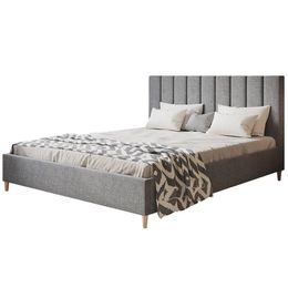 POLSTERBETT LUX Tokio mit Kopfteil, 120 x 200 cm, Doppelbett mit Lattenrost aus Holz, Strukturstoff Grau, F&uuml;&szlig;e in Farbe: Braun