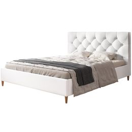 POLSTERBETT LUX Boston mit Kopfteil, 120 x 200 cm, Doppelbett mit Lattenrost aus Holz, Kunstleder Wei&szlig;, F&uuml;&szlig;e in Farbe: Braun