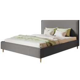 POLSTERBETT LUX RICO mit Kopfteil, 120 x 200 cm, Doppelbett mit Lattenrost aus Holz, Boucle-Stoff Grau, F&uuml;&szlig;e in Farbe: Braun