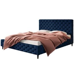 POLSTERBETT LUX Miami mit Kopfteil, 120 x 200 cm, Doppelbett mit Lattenrost aus Holz, Velourstoff Dunkelblau, F&uuml;&szlig;e in Farbe: Schwarz
