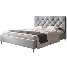 POLSTERBETT LUX Boston mit Kopfteil, 120 x 200 cm, Doppelbett mit Lattenrost aus Holz, Velourstoff Hellgrau, F&uuml;&szlig;e in Farbe: Braun