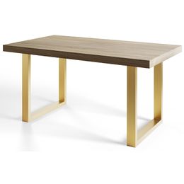 INDUSTRIELLER Esszimmertisch LOFT-U, Gr&ouml;&szlig;e: 140X80X77 cm, Wohnzimmertisch Farbe: SONOMA, mit Metallbeinen in Farbe Gold