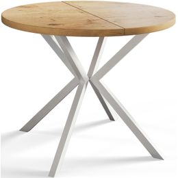 RUNDER Esszimmertisch LOFT LITEN, ausziehbarer Tisch Durchmesser: 90 cm/170 cm, Wohnzimmertisch Farbe: Hellbraun, mit Metallbeinen in Farbe Wei&szlig;