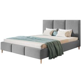 POLSTERBETT LUX Siena mit Kopfteil, 160 x 200 cm, Doppelbett mit Lattenrost aus Holz, Velourstoff Grau, F&uuml;&szlig;e in Farbe: Braun
