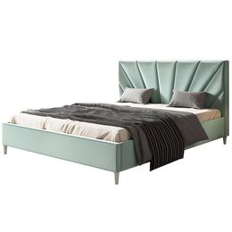 POLSTERBETT LUX Denver mit Kopfteil, 160 x 200 cm, Doppelbett mit Lattenrost aus Holz, Velourstoff Hellgr&uuml;n, F&uuml;&szlig;e in Farbe: Wei&szlig;