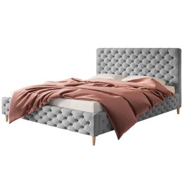 POLSTERBETT LUX Miami mit Kopfteil, 120 x 200 cm, Doppelbett mit Lattenrost aus Holz, Velourstoff Grau, F&uuml;&szlig;e in Farbe: Braun
