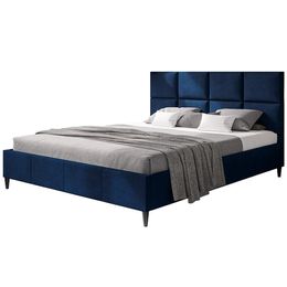 POLSTERBETT LUX Roma mit Kopfteil, 120 x 200 cm, Doppelbett mit Lattenrost aus Holz, Velourstoff Dunkelblau, F&uuml;&szlig;e in Farbe: Schwarz