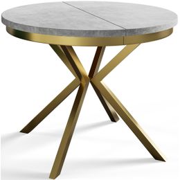 RUNDER Esszimmertisch BERGO, ausziehbarer Tisch Durchmesser: 100 cm/180 cm, Wohnzimmertisch Farbe: Hellgrau, mit Metallbeinen in Farbe Gold