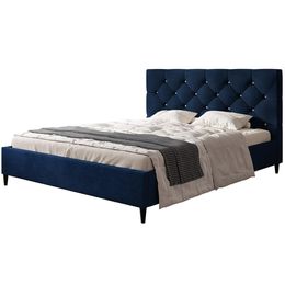 POLSTERBETT LUX Boston mit Kopfteil, 120 x 200 cm, Doppelbett mit Lattenrost aus Holz, Velourstoff Dunkelblau, F&uuml;&szlig;e in Farbe: Schwarz
